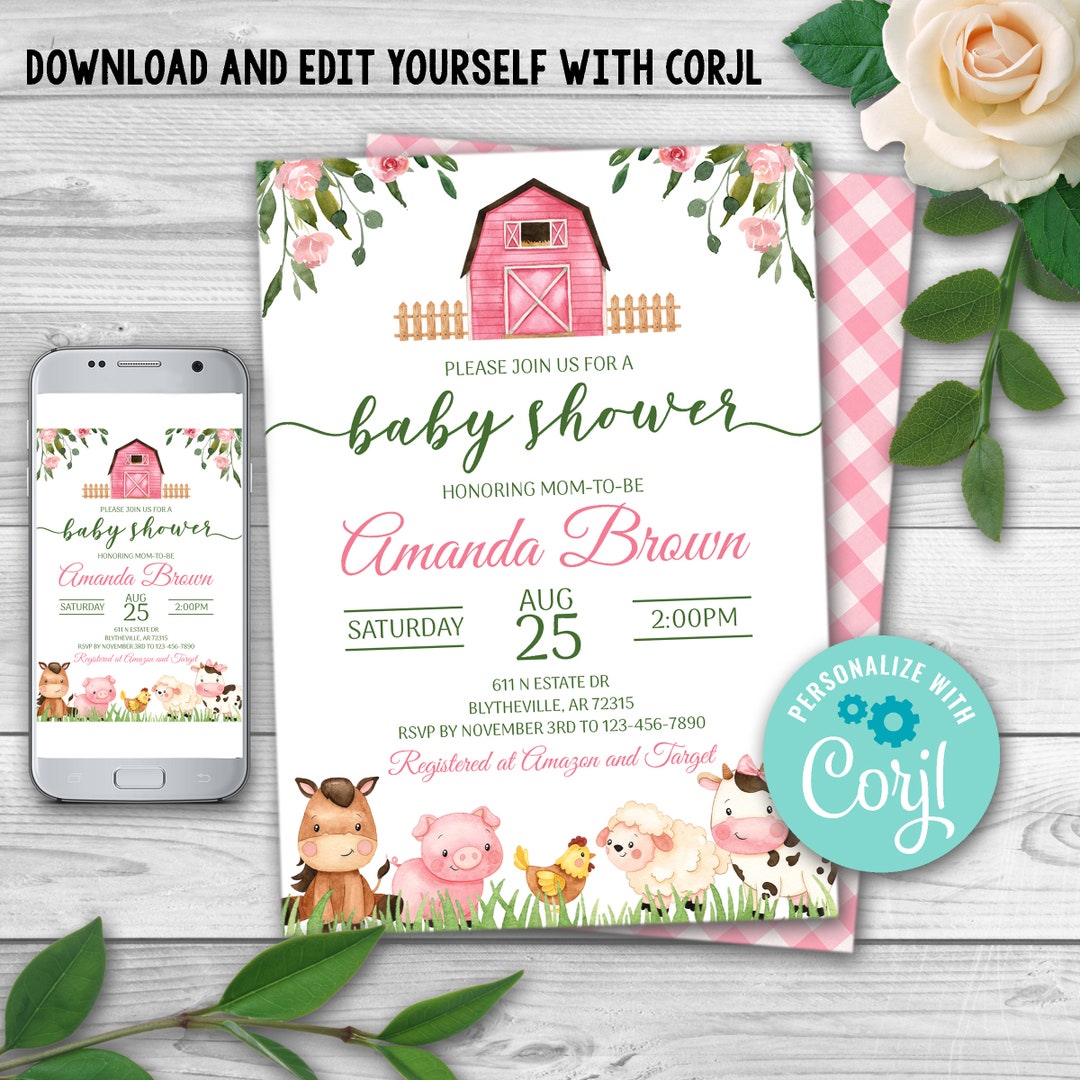 Editable Pink Farm Animals Baby Shower Invitation. Farm Baby Shower ...