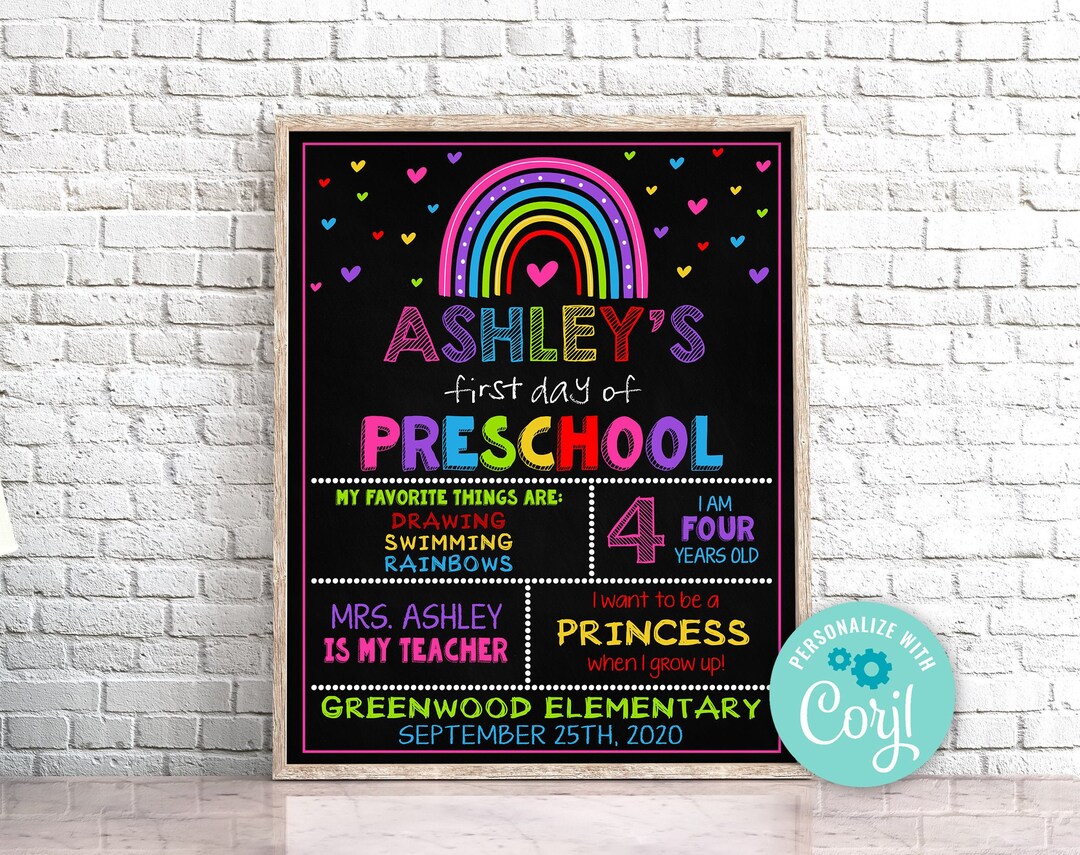 Editable First Day of Preschool Sign, Rainbow First Day of School Sign ...
