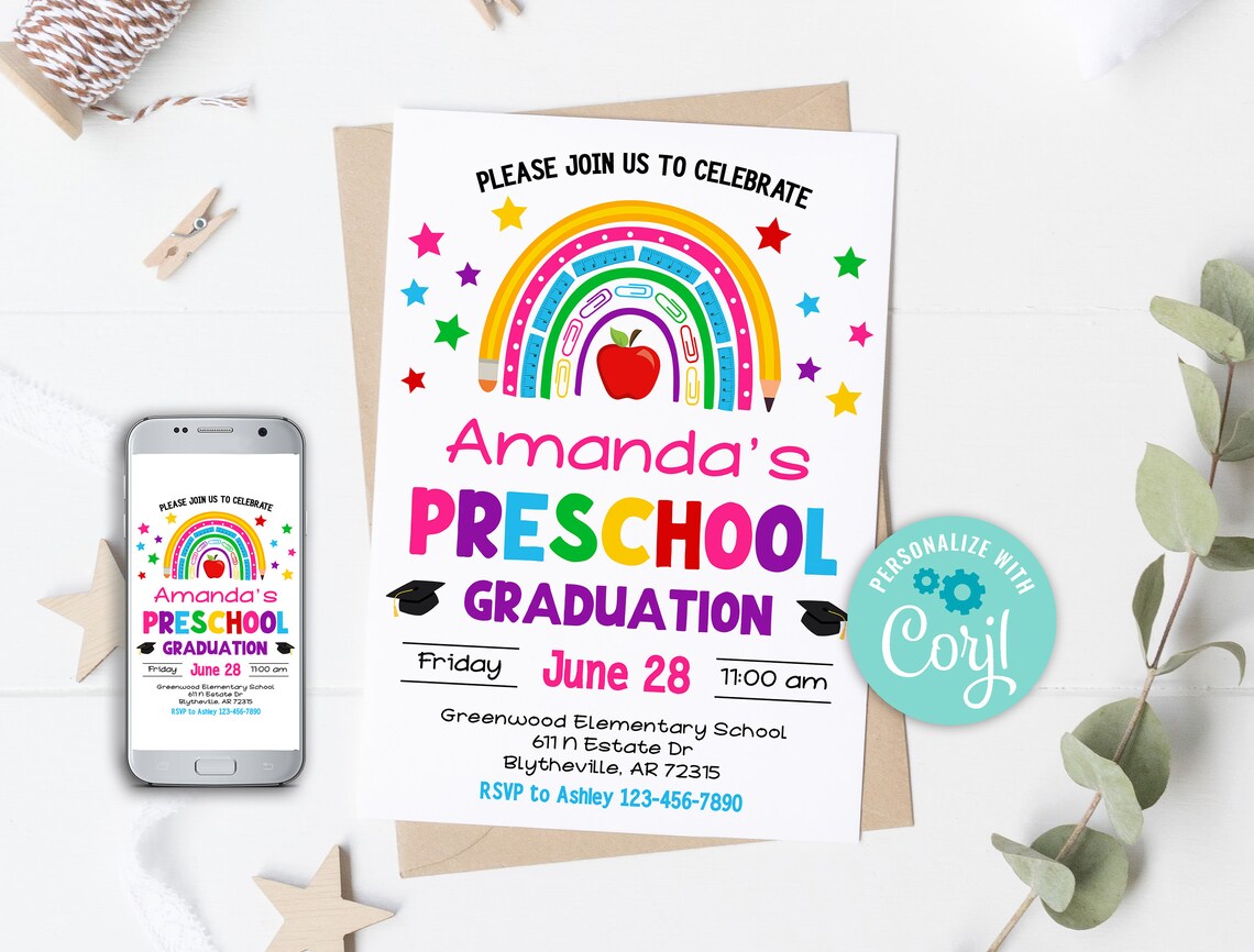 Preschool Graduation Invitation Editable Graduation Party Invite ...