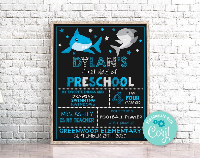 Editable First Day of Preschool Sign Shark First Day of - Etsy