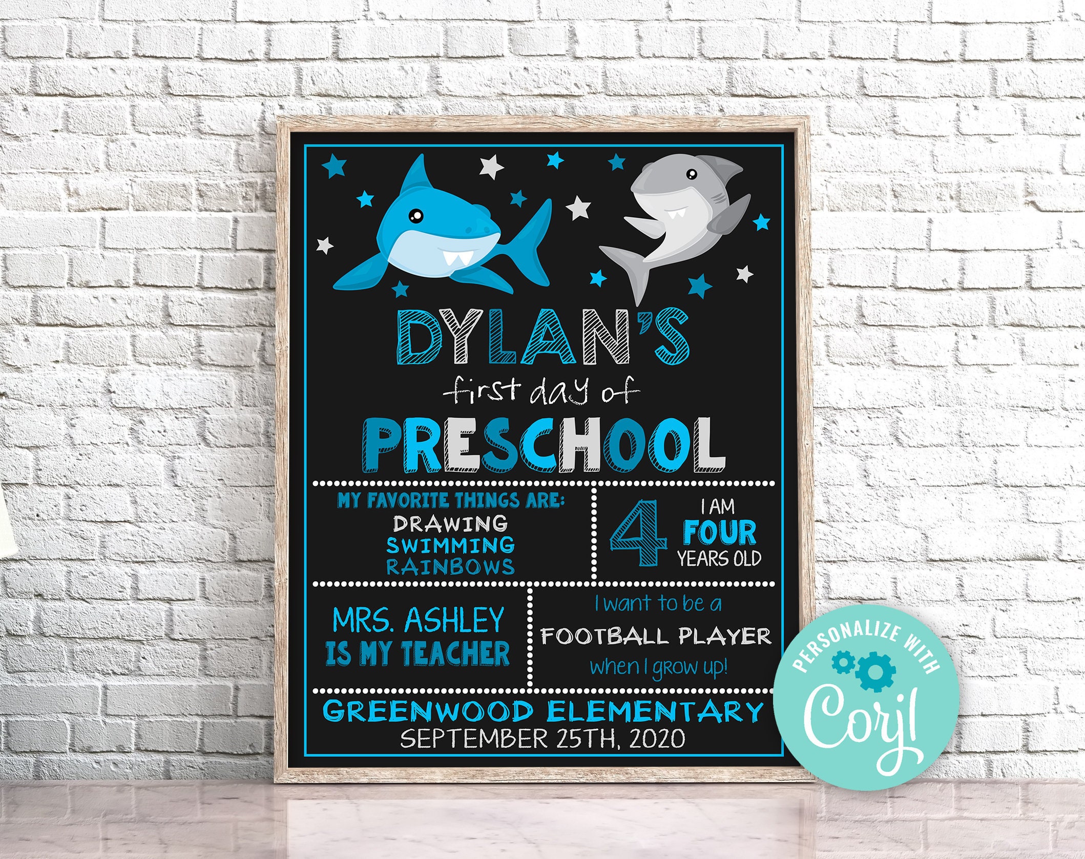 Editable First Day of Preschool Sign, Shark First Day of School Sign ...