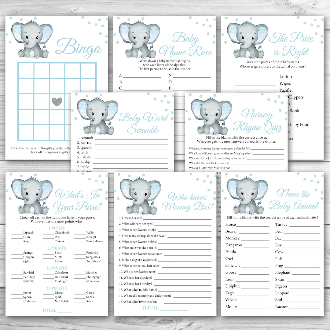 Blue Elephant Baby Shower Game Package, 8 Printable Elephant Baby ...