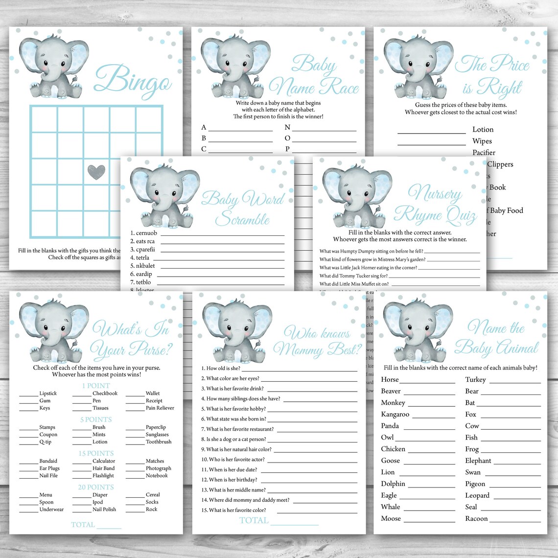 Blue Elephant Baby Shower Game Package 8 Printable Elephant - Etsy