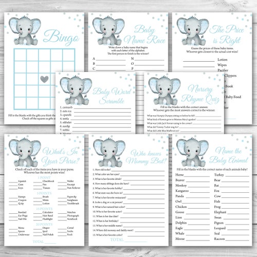 Blue Elephant Baby Shower Game Package 8 Printable Elephant - Etsy
