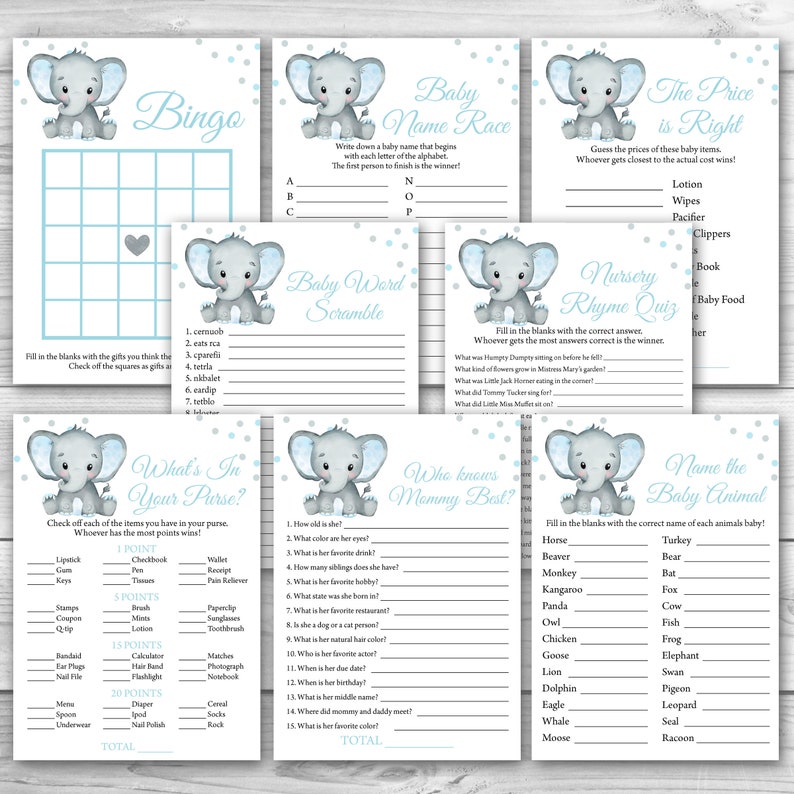 Blue Elephant Baby Shower Game Package, 8 Printable Elephant Baby ...