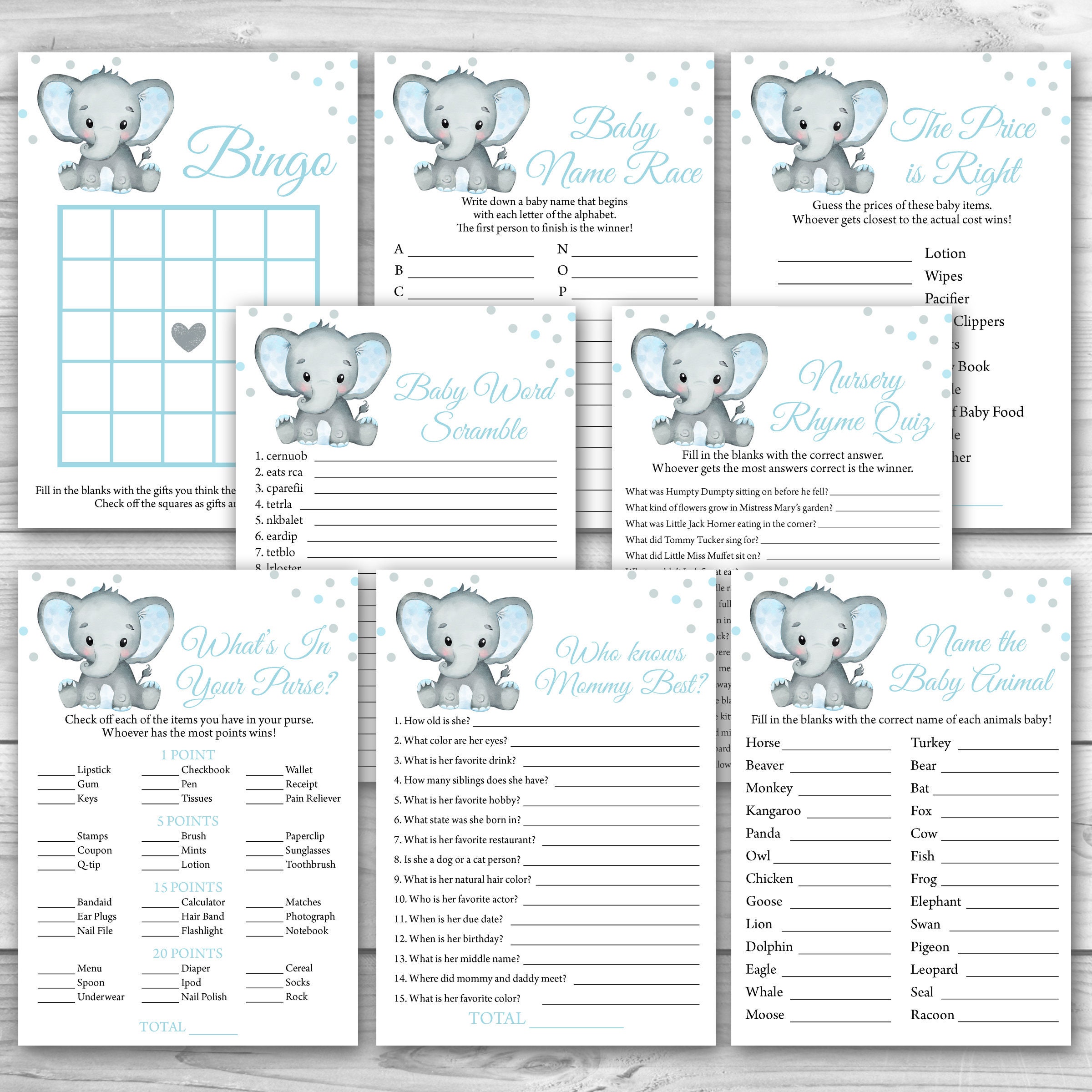 Blue Elephant Baby Shower Game Package 8 Printable Elephant | Etsy
