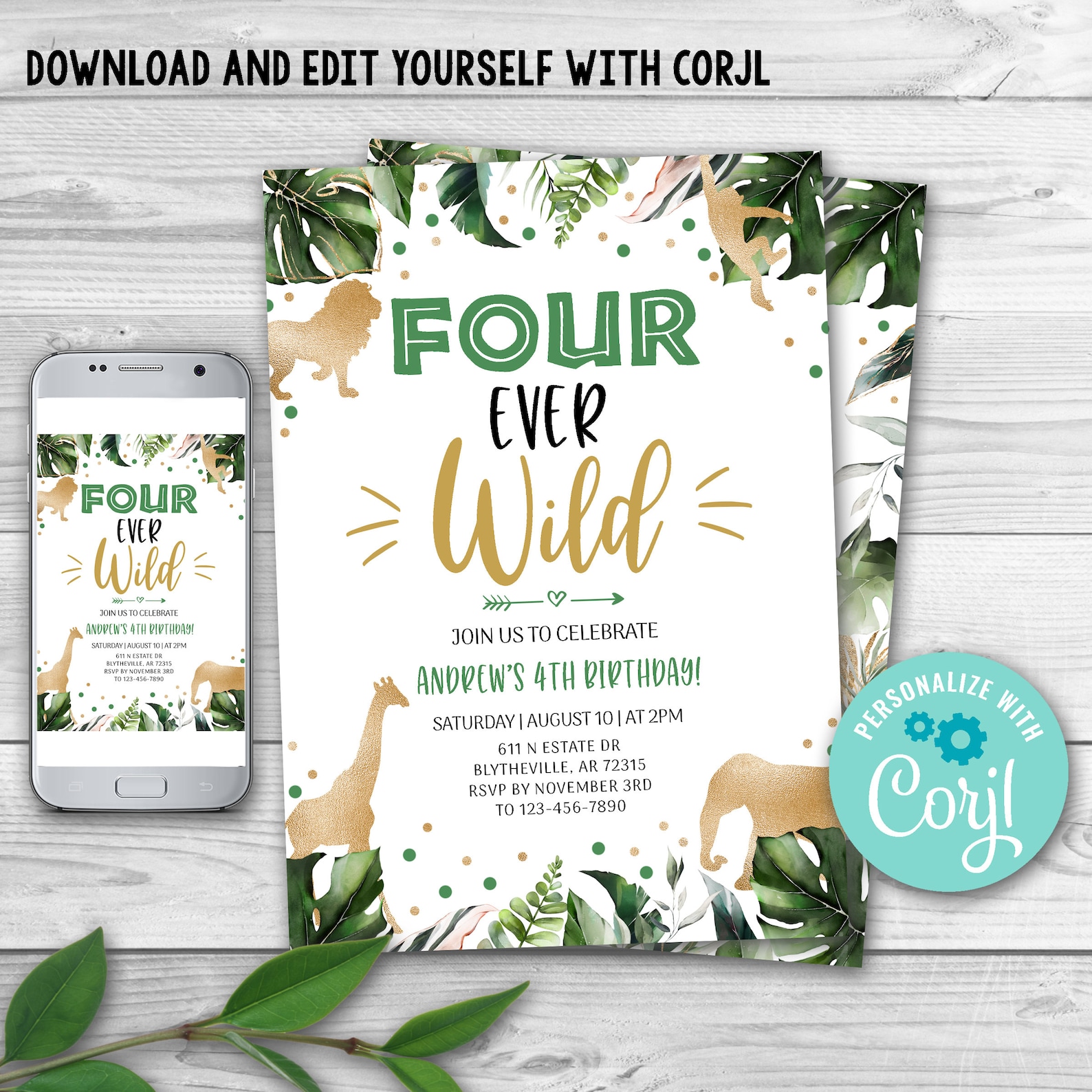 EDITABLE Four Ever Wild Birthday Invitation, Safari Party Invitation ...