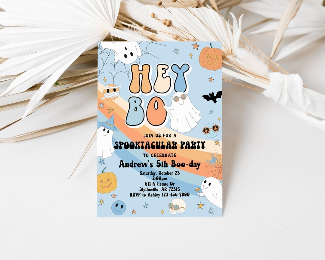 Editable Halloween Hey Boo Ghost Invitation Blue Retro Groovy Rainbow ...