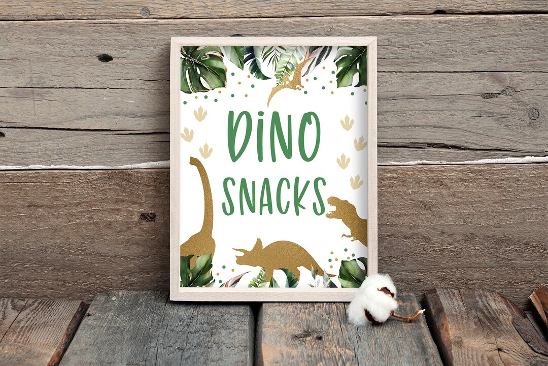 Dino Snacks Sign Table Decor Prehistoric Party, Gold Dinosaur ...