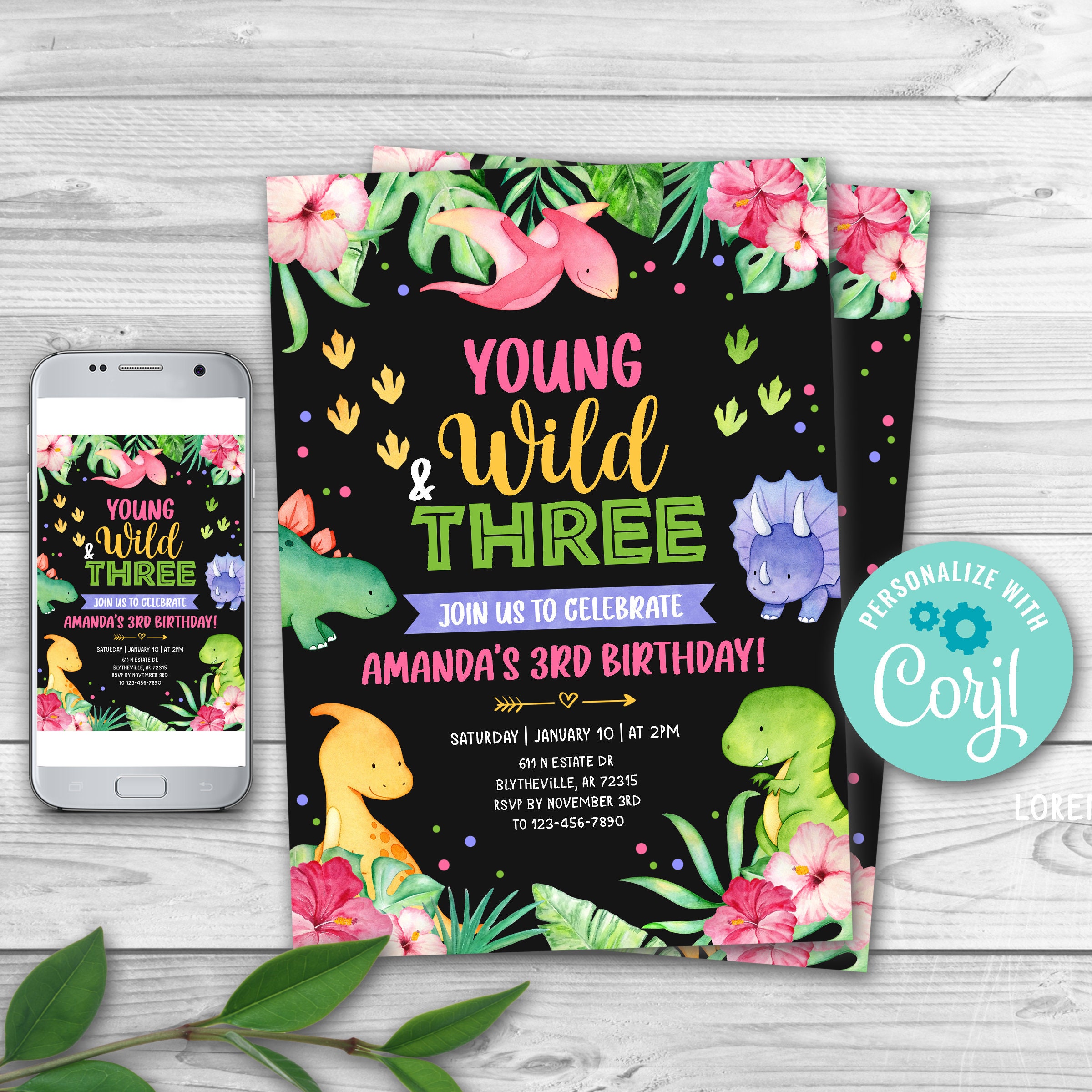 EDITABLE Young Wild and Three Birthday Invitation Girl - Etsy