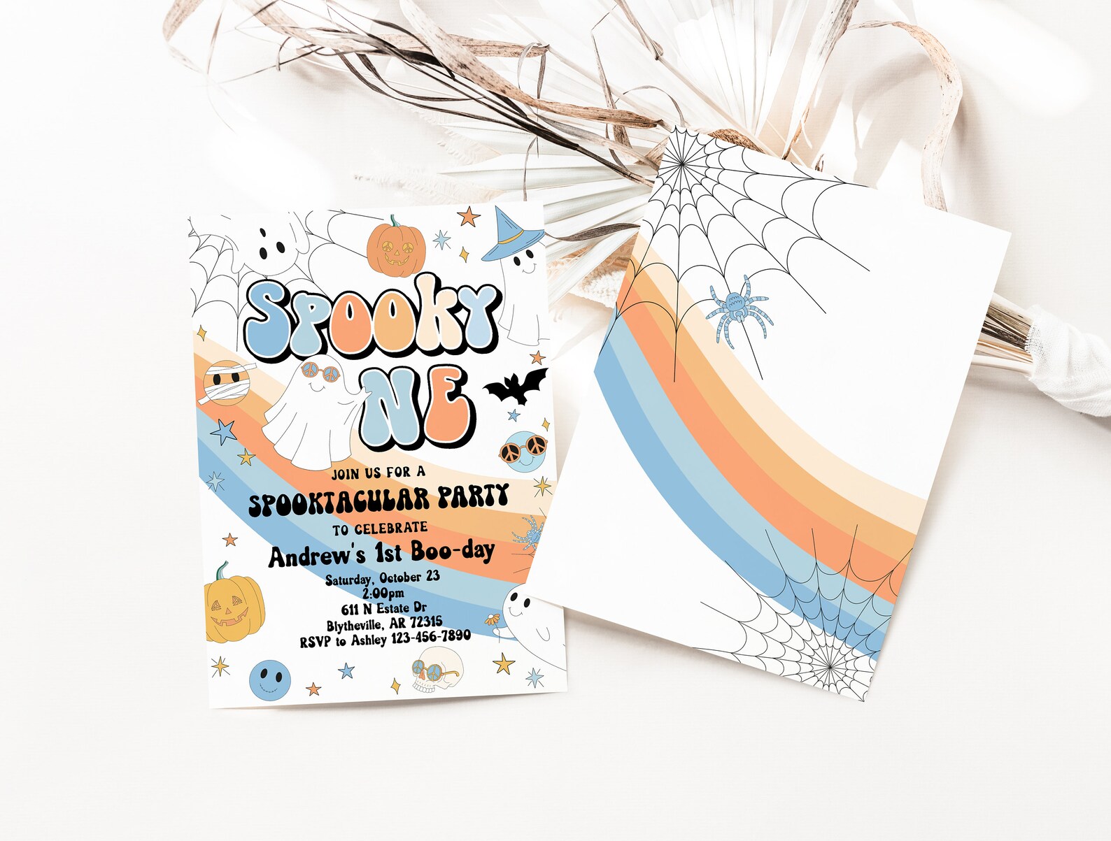 Editable Spooky One Halloween Birthday Invitation Blue Retro Groovy ...