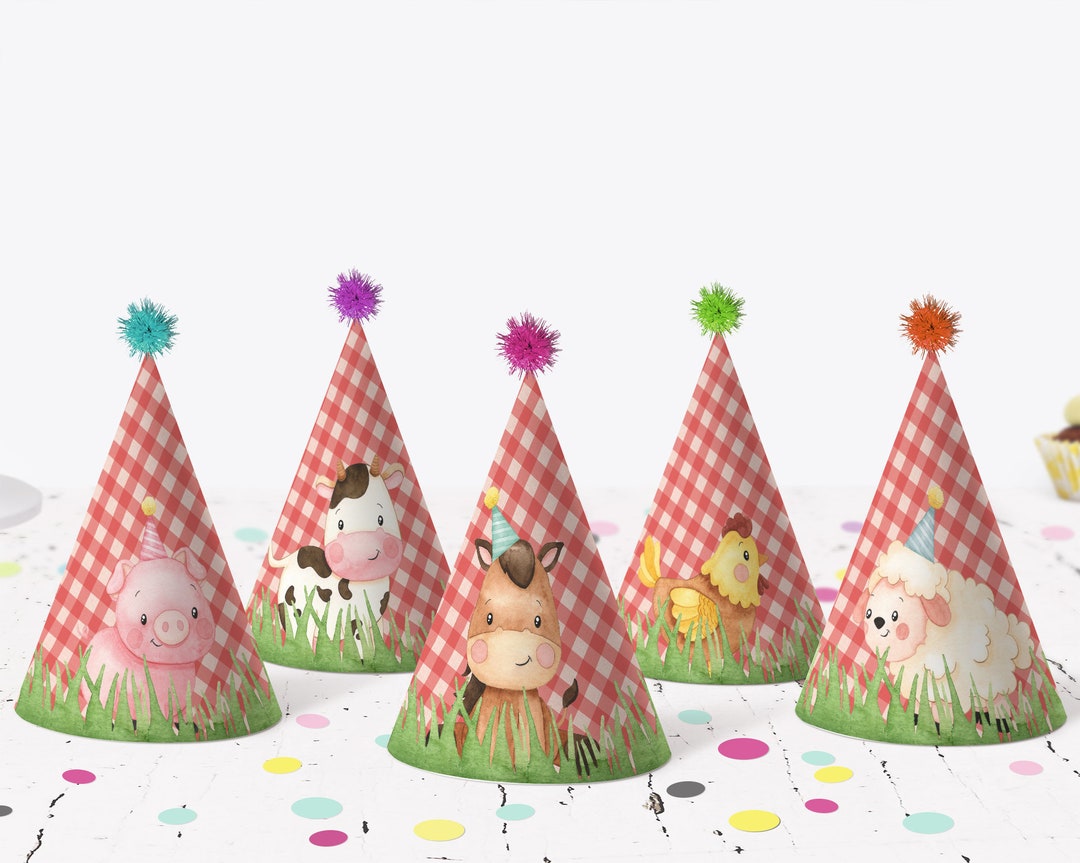 Farm Printable Birthday Party Hats Red Farm Animals Party Hats Farm ...