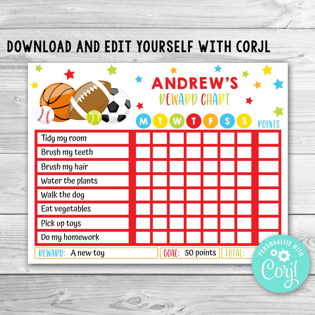 Editable Sports Reward Chart for Kids, Sports Routine Chart, Sports ...