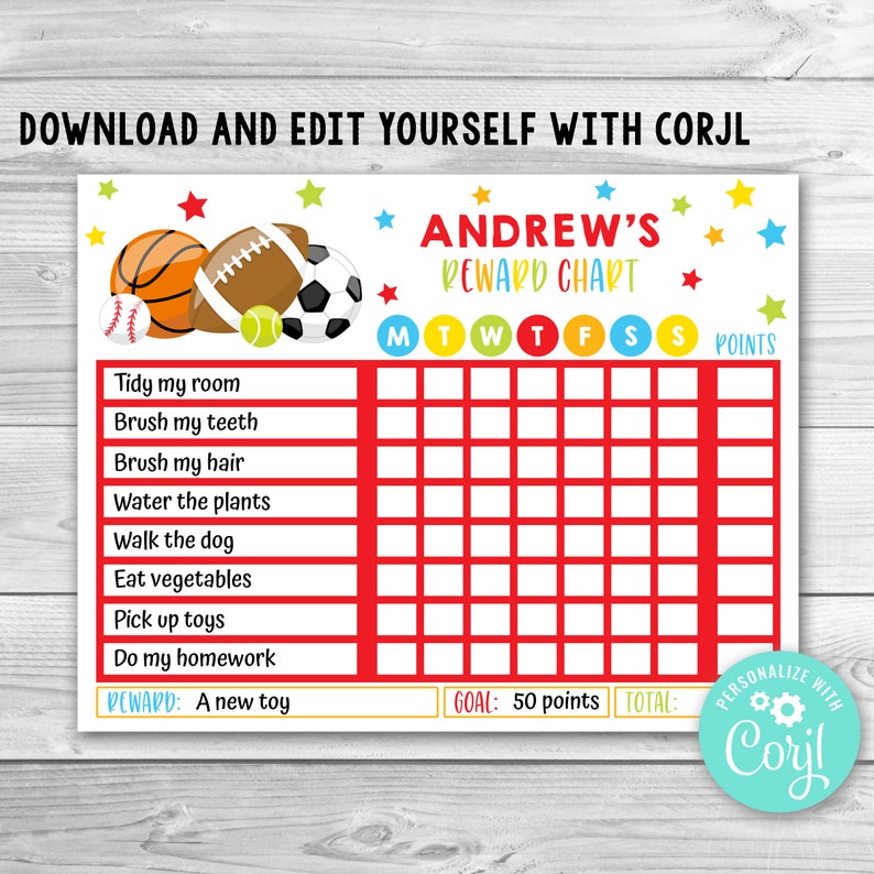 Editable Sports Reward Chart for Kids Sports Routine Chart | Etsy
