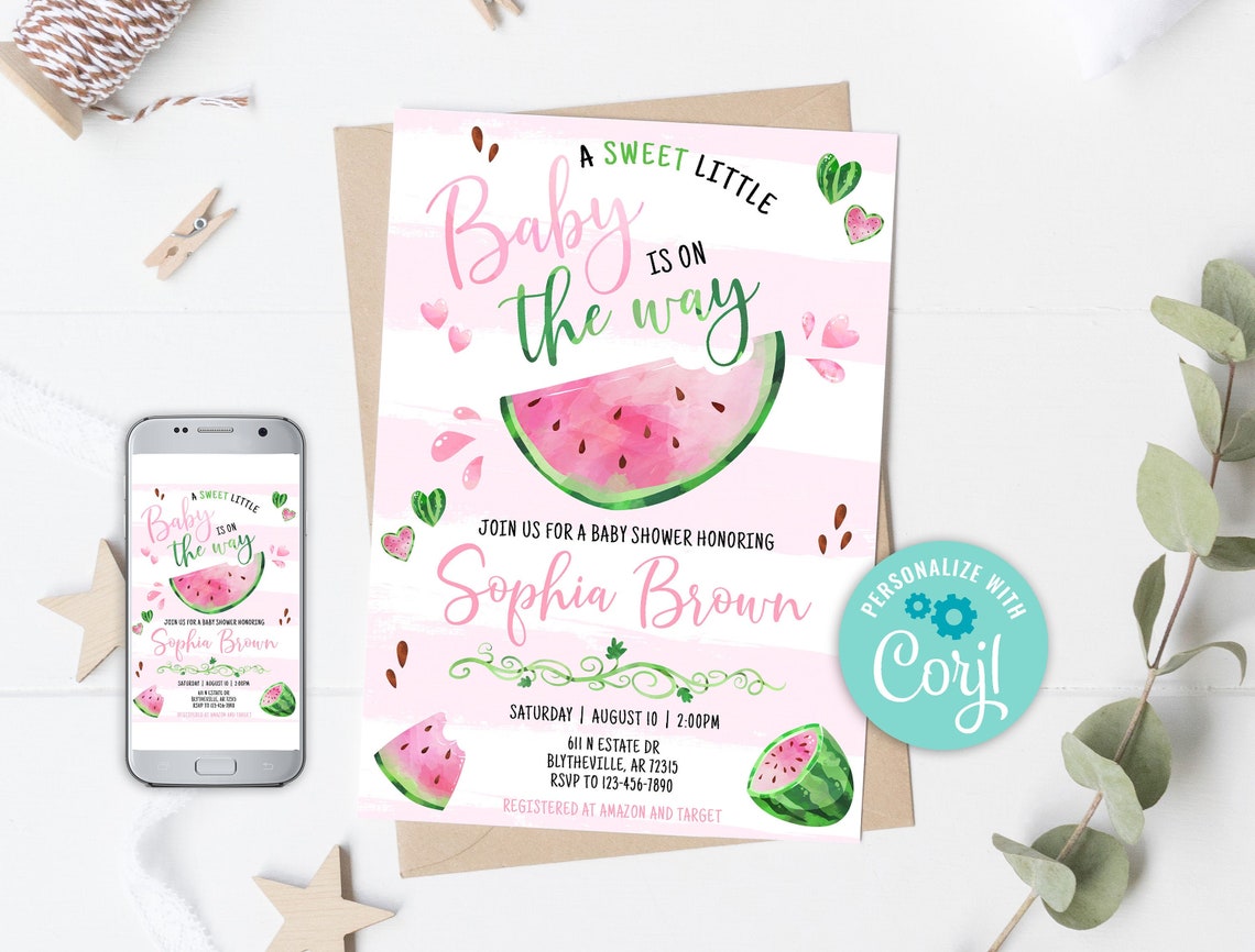 Editable Watermelon Baby Shower Invitation, A Sweet Little Baby is on ...