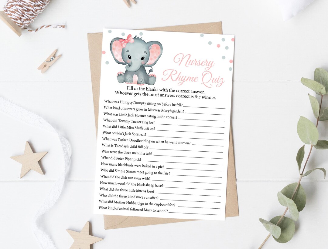 Pink Elephant Nursery Rhyme Quiz Baby Shower Game Girl Elephant Baby ...