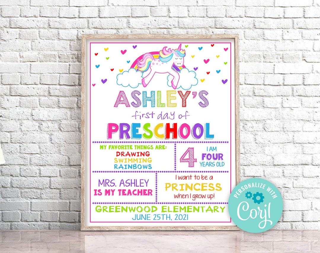 Editable First Day of Preschool Sign Unicorn First Day of School Sign ...
