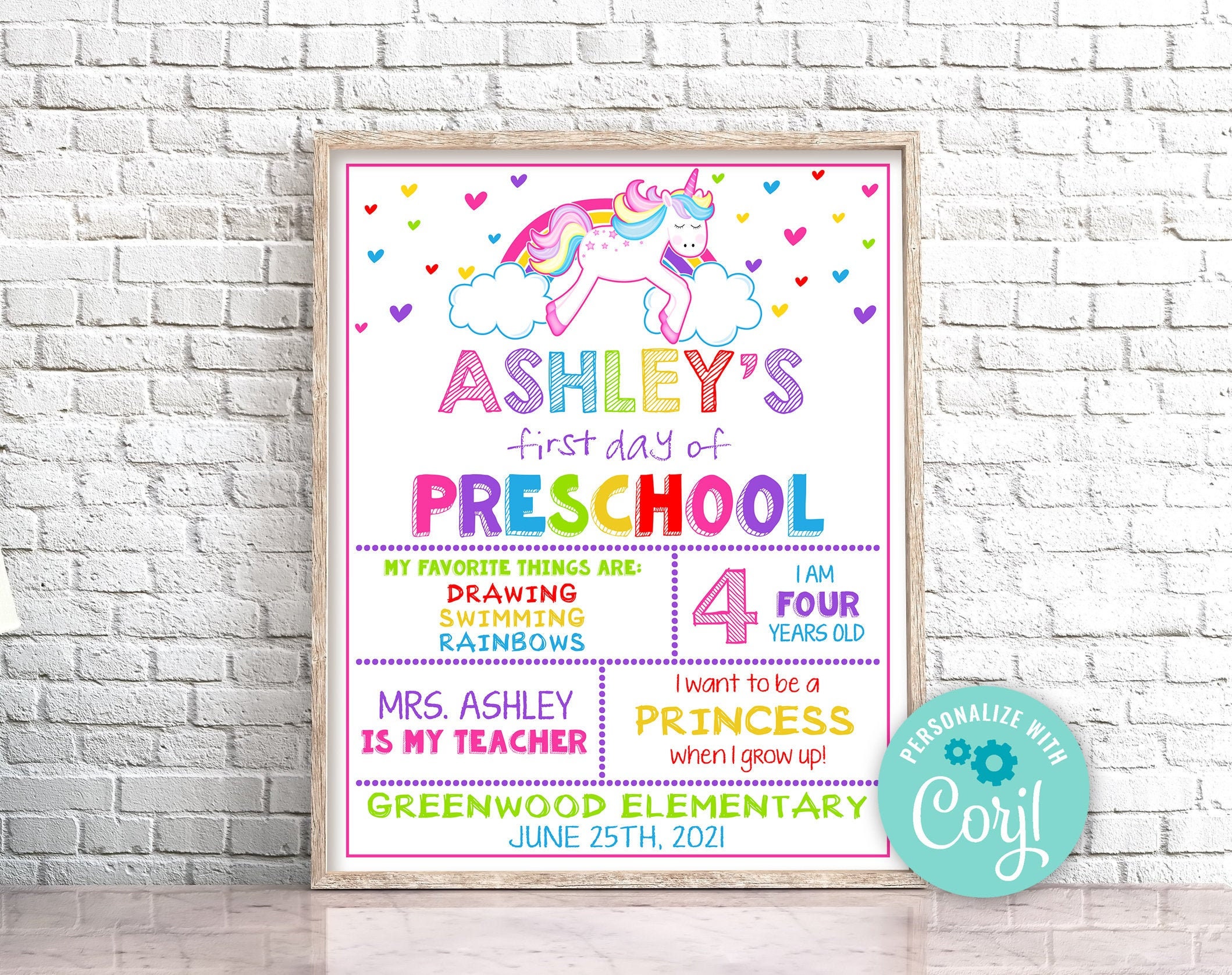 Editable First Day of Preschool Sign Unicorn First Day of School Sign ...