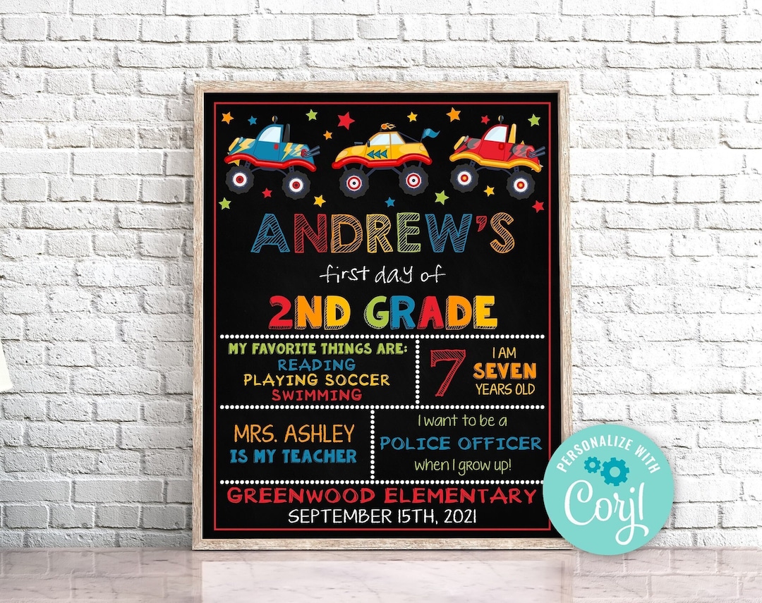 Editable First Day of Second Grade Sign, Monster Truck First Day of ...