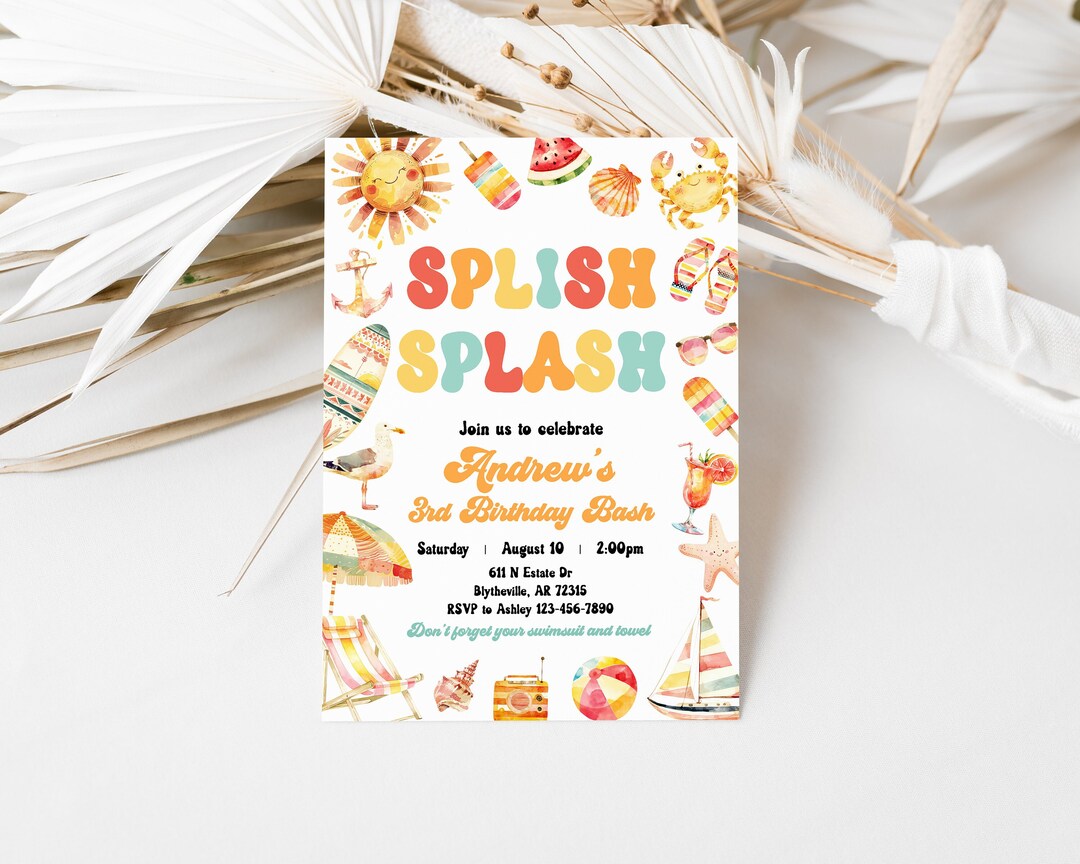 Editable Splish Splash Birthday Invitation Pool Party Birthday ...