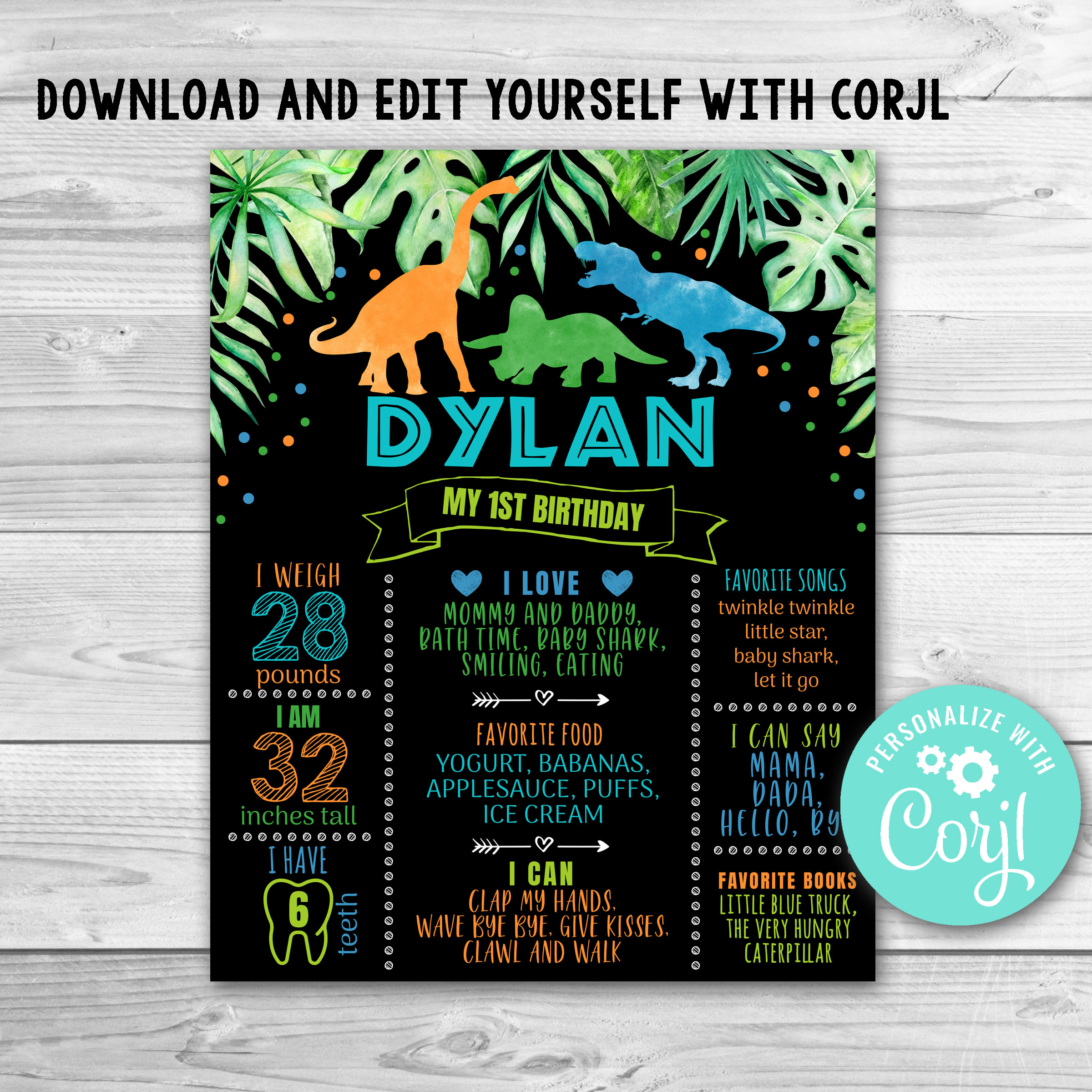 Editable Dinosaur Milestone Birthday Poster, Safari Dino Birthday ...