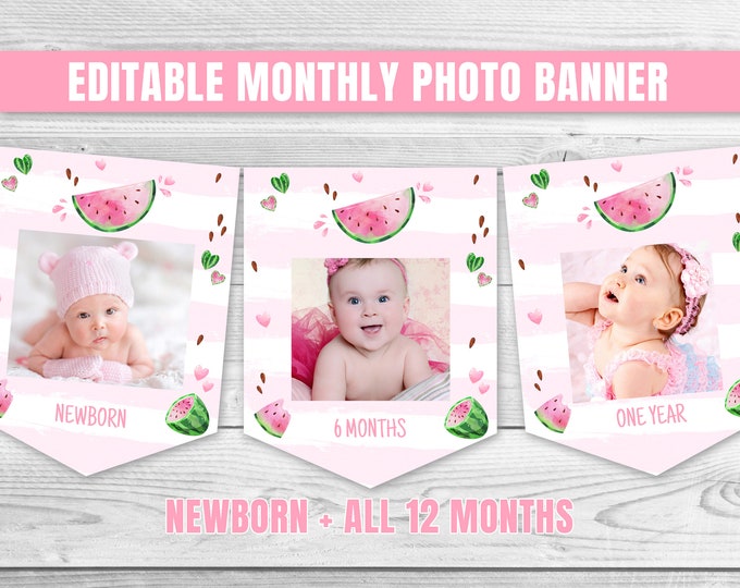 Editable Watermelon Birthday Monthly Photo Banner Pink - Etsy