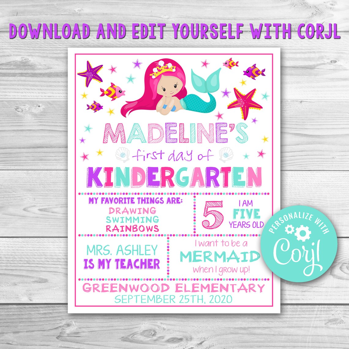Editable First Day of Kindergarten Sign Mermaid First Day of | Etsy