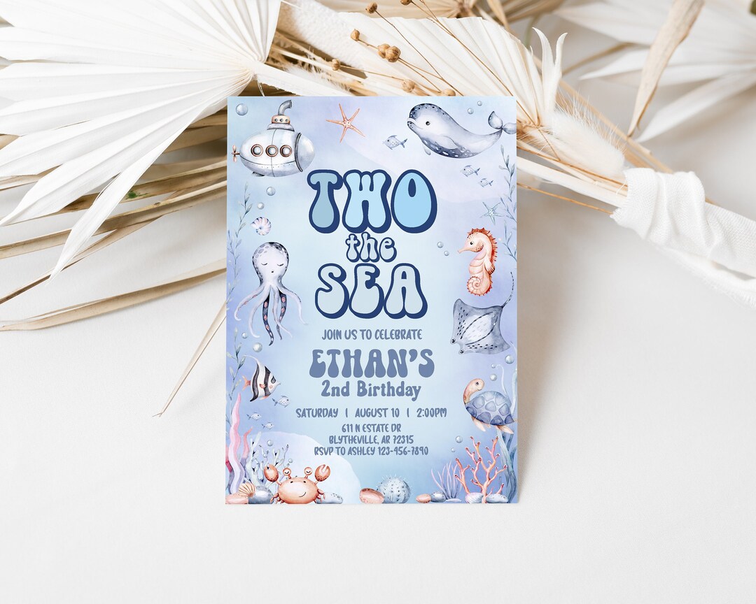 Editable Boy Two the Sea 2nd Birthday Party Invitation Ocean Animals ...