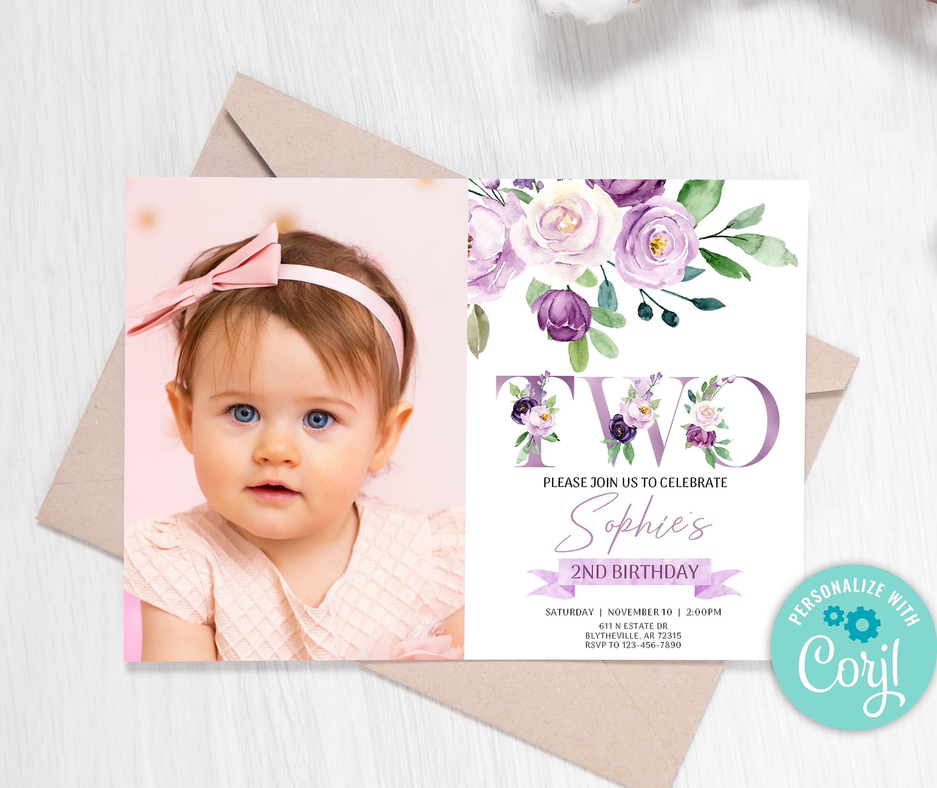 EDITABLE Purple Floral Second Birthday Invitation, Girl Lilac Birthday ...