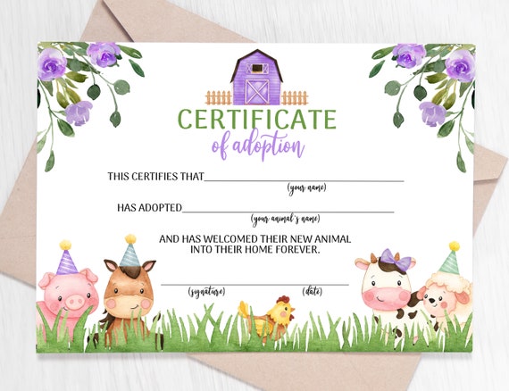 Farm Adopt an Animal Certificate Farm Animals Adoption Farm - Etsy