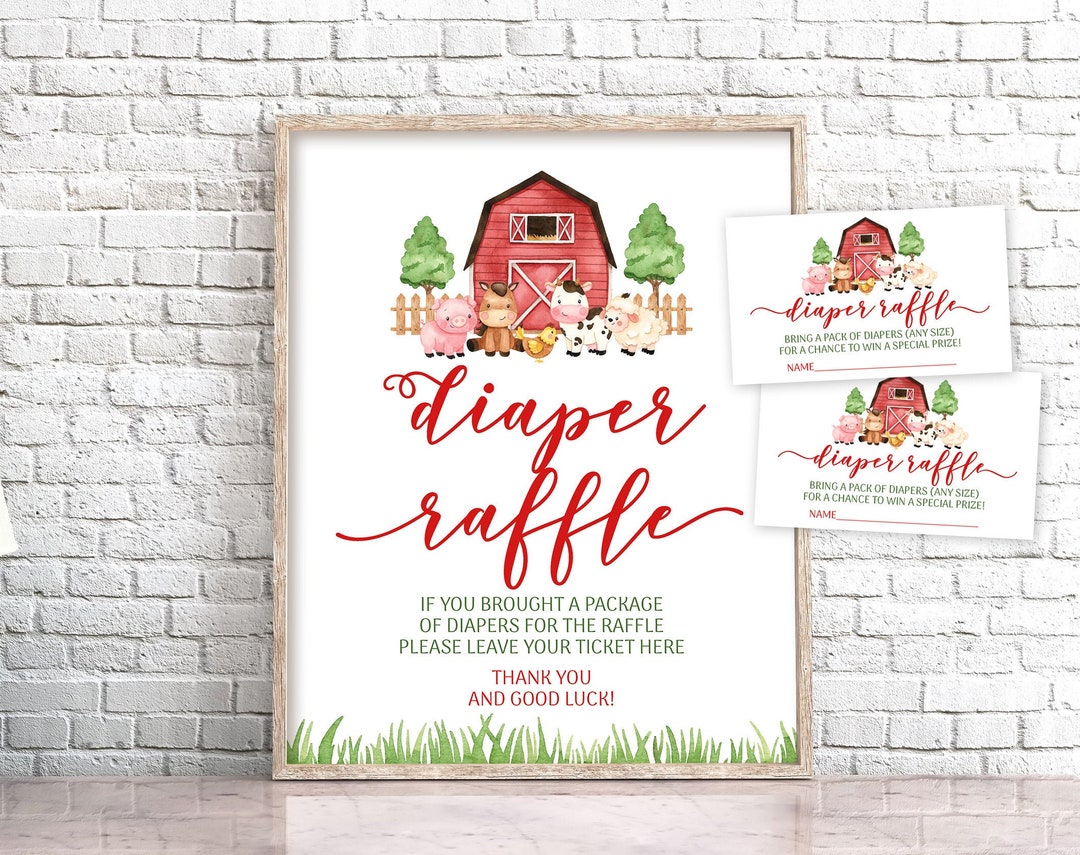 Farm Animals Diaper Raffle Sign, Red Farm Diaper Raffle Card, Barnyard ...