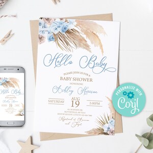 EDITABLE Blue Pampas Grass Baby Shower Invitation Boy Boho Baby Shower ...