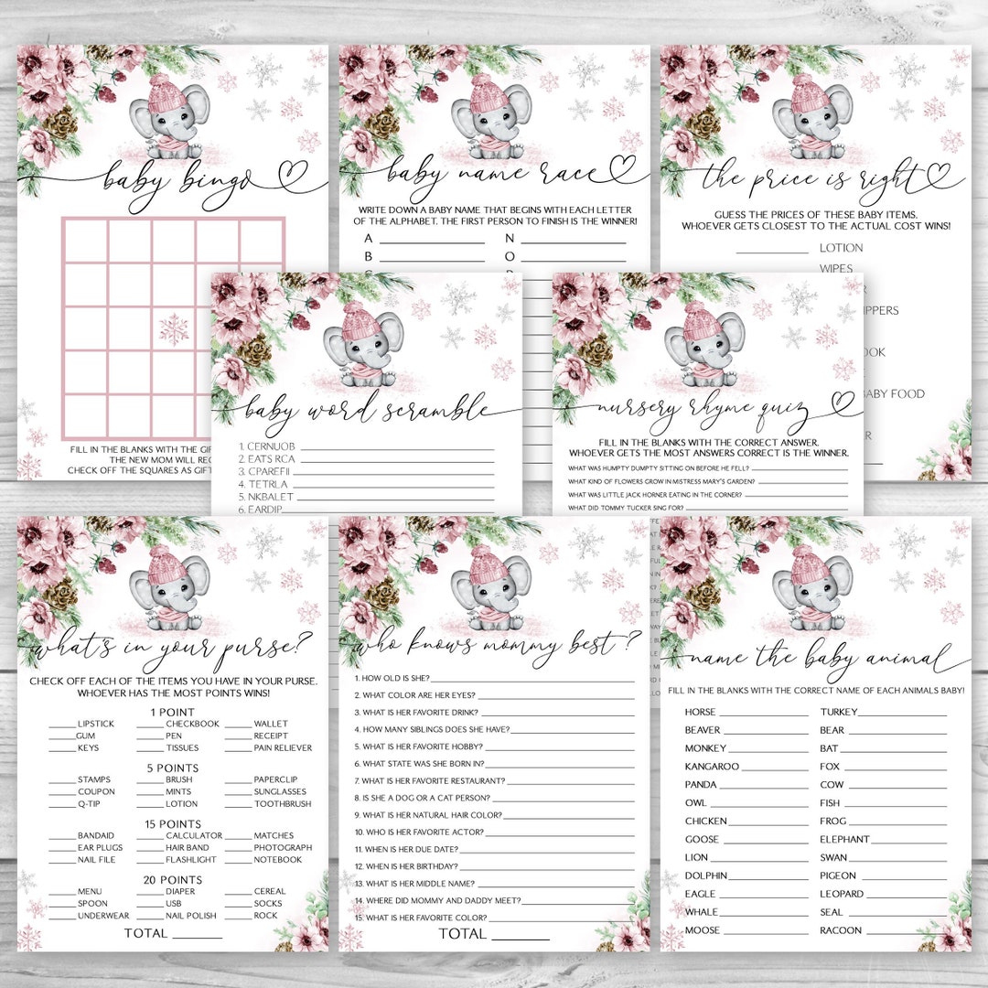 Winter Elephant Baby Shower Game Package 8 Printable Winter Baby Shower ...