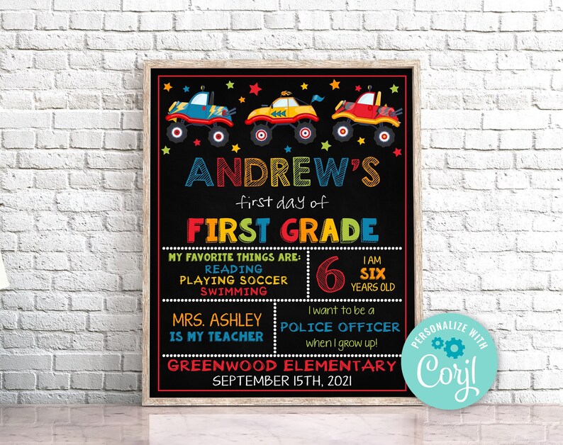 Editable First Day of First Grade Sign Monster Truck First - Etsy