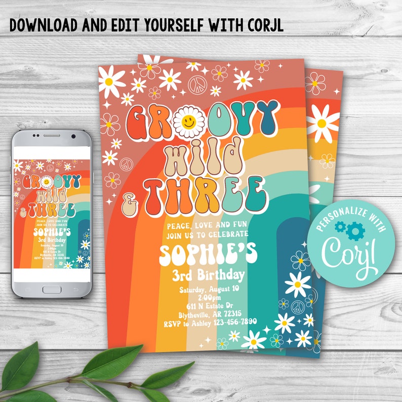 Editable Groovy Wild & Three Birthday Party Invitation Daisy | Etsy