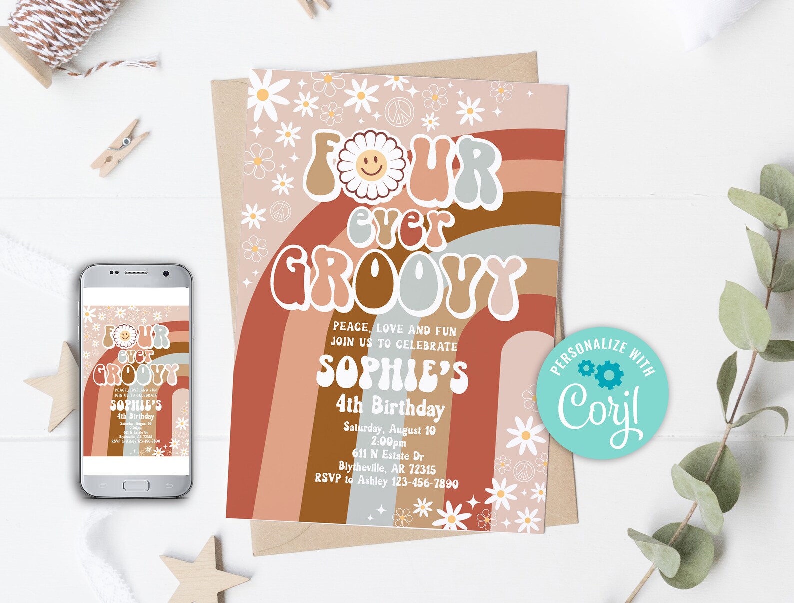 Editable Four Ever Groovy Birthday Party Invitation Daisy - Etsy