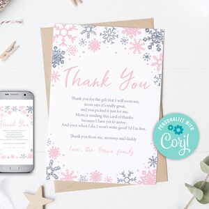 Editable Snowflake Thank You Card Winter Baby Shower Thank You Pink ...