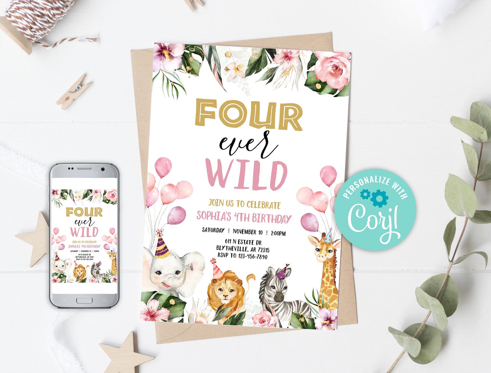 EDITABLE Four Ever Wild Birthday Invitation, Safari Party Invitation ...