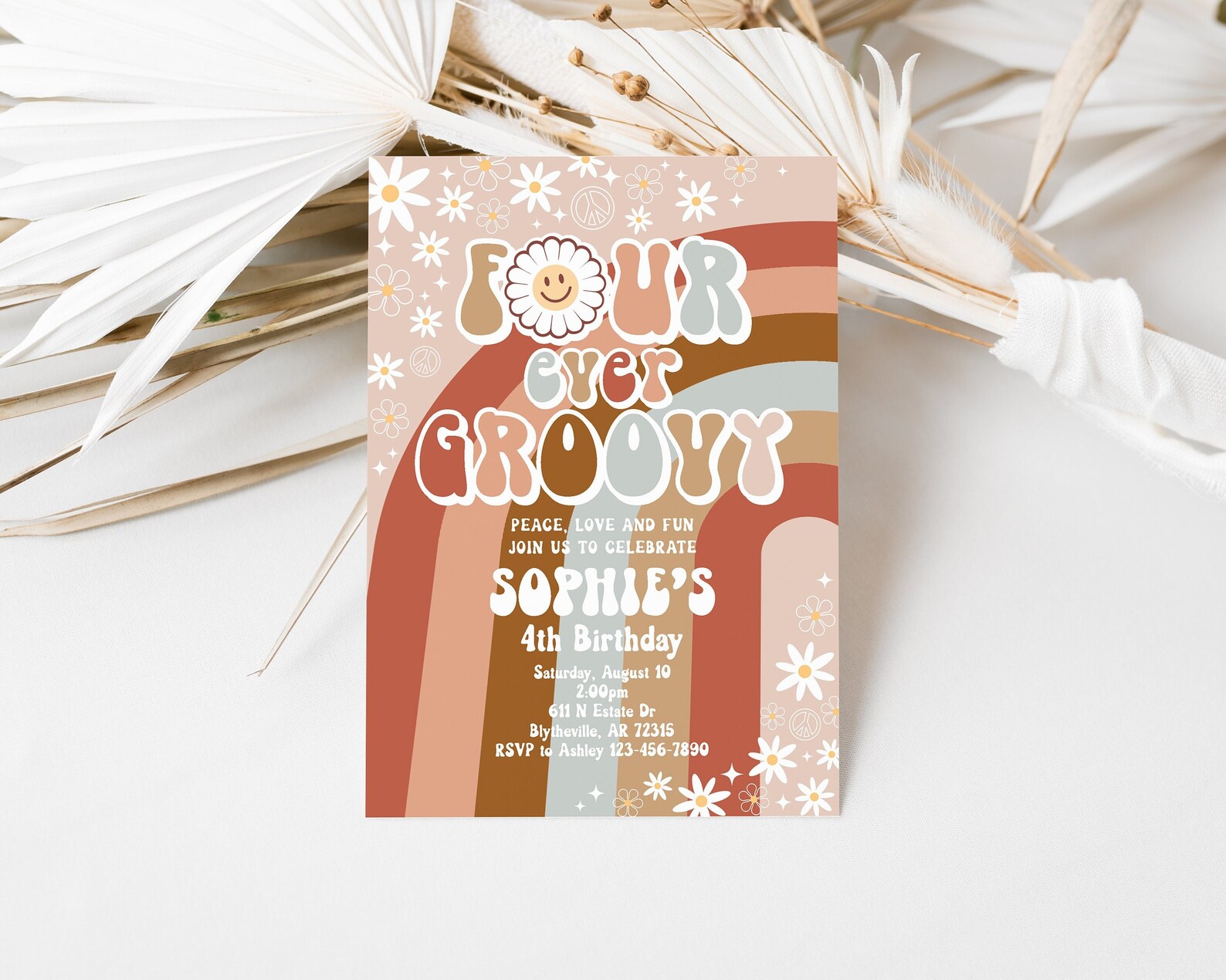 Editable Four Ever Groovy Birthday Party Invitation Daisy - Etsy