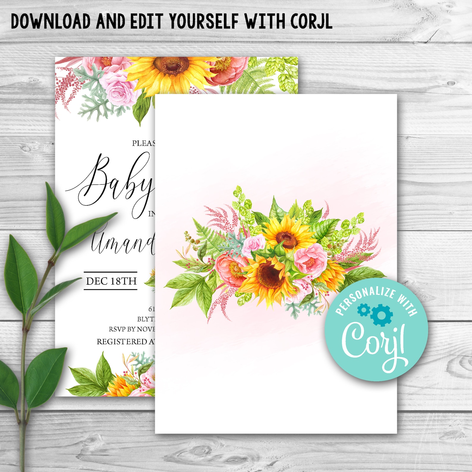 Editable Sunflower Baby Shower Invitation Set Rustic Sunflower - Etsy