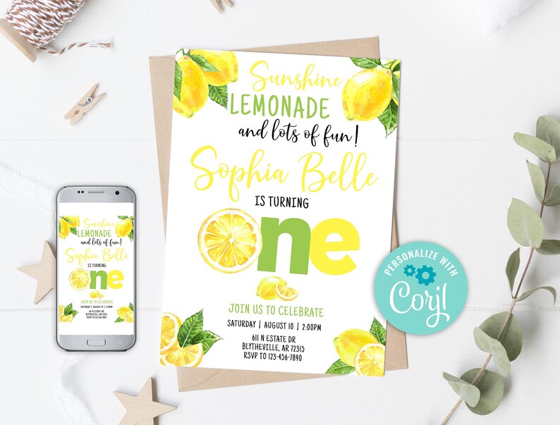 Editable Lemon First Birthday Invitation Citrus Birthday | Etsy