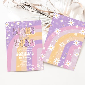 Editable Eight is A Vibe Groovy Birthday Invitation Daisy Hippie 70's ...