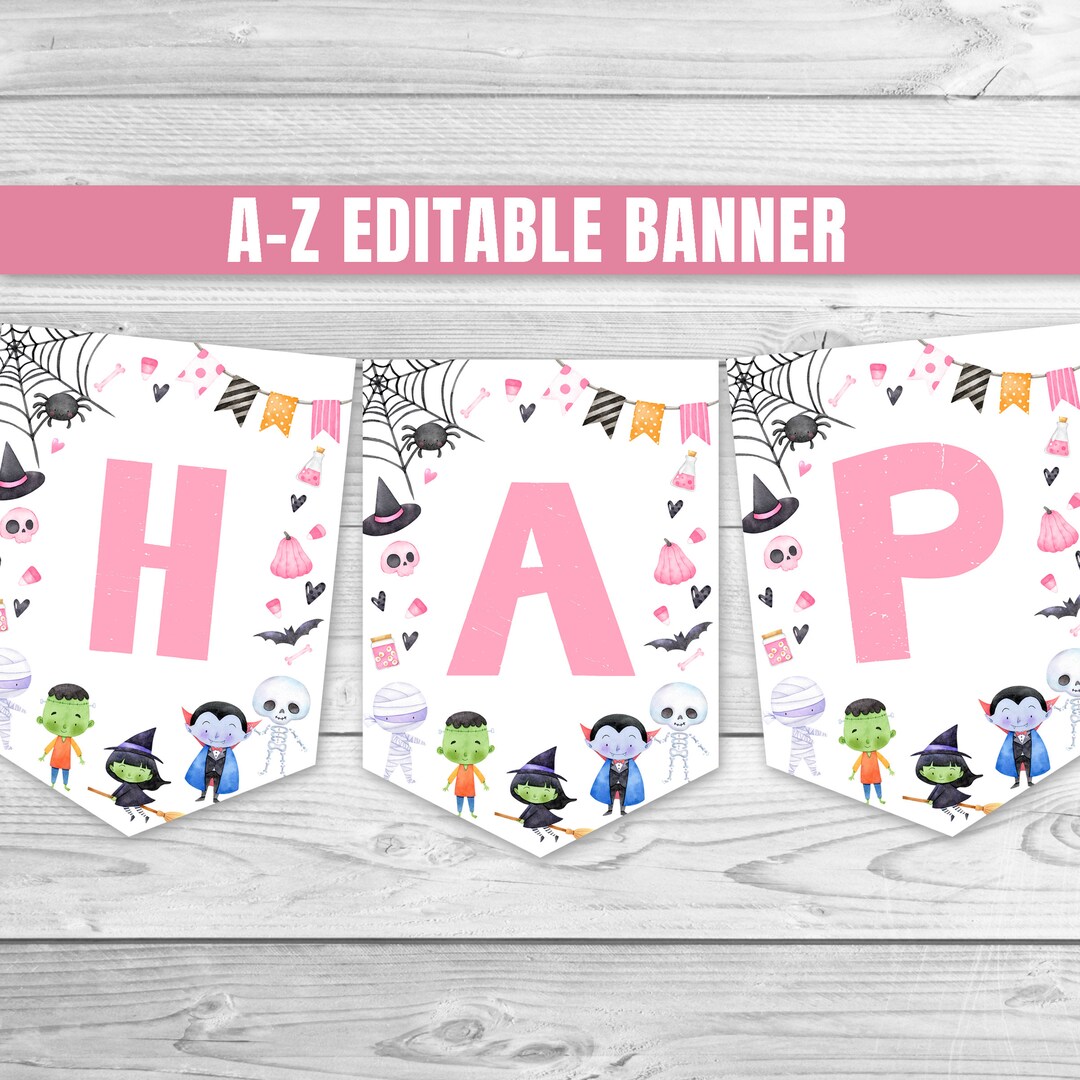 Editable Spooky Halloween Birthday Banner Pink Halloween Costume Party ...