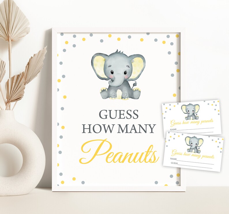 Yellow Elephant Guess How Many Peanuts Yellow Elephant Baby Shower Game ...