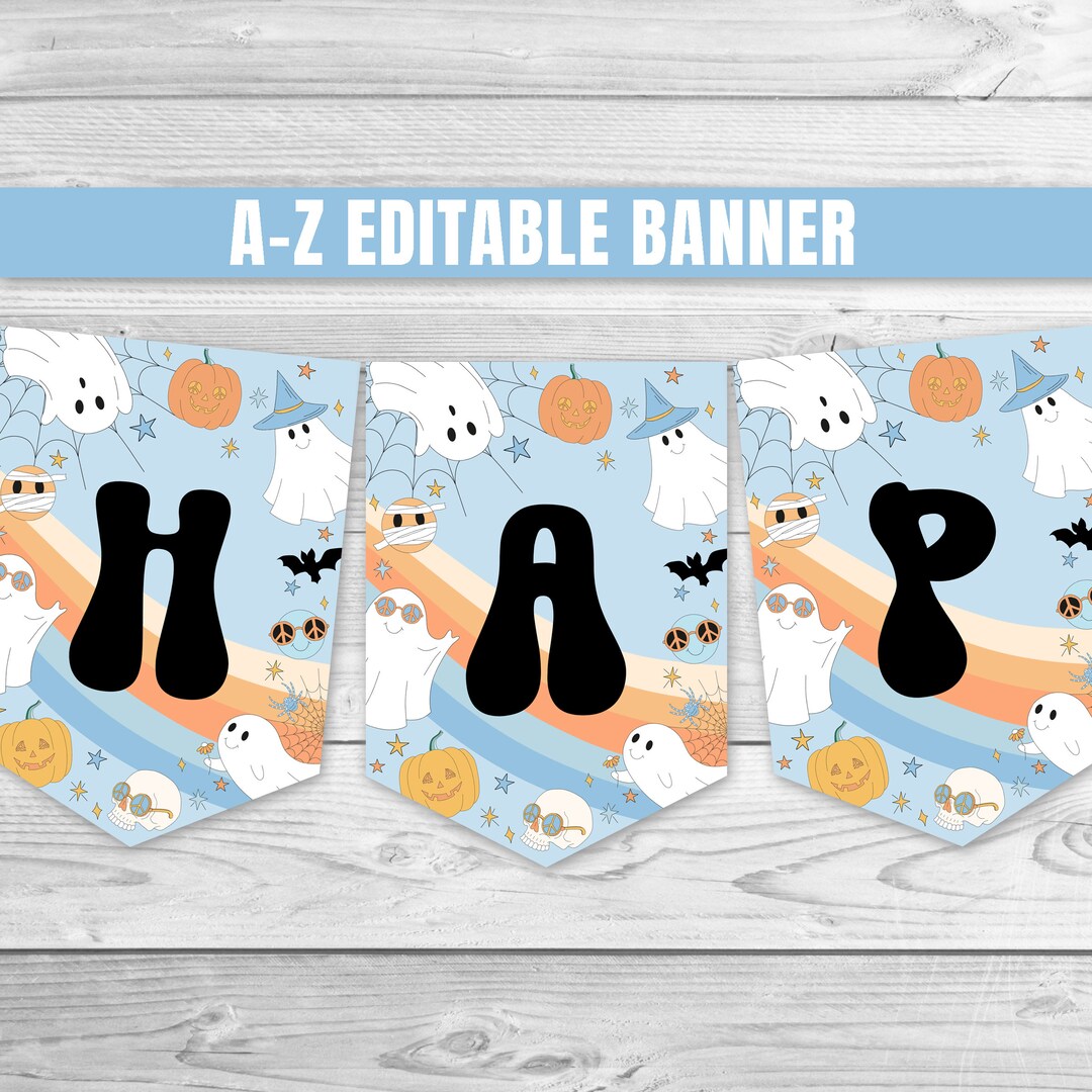 Editable Spooky Halloween Birthday Banner Groovy Rainbow Ghost Birthday ...