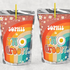 EDITABLE Two Groovy Juice Labels Rainbow Peace Love Party Juice Pouch ...