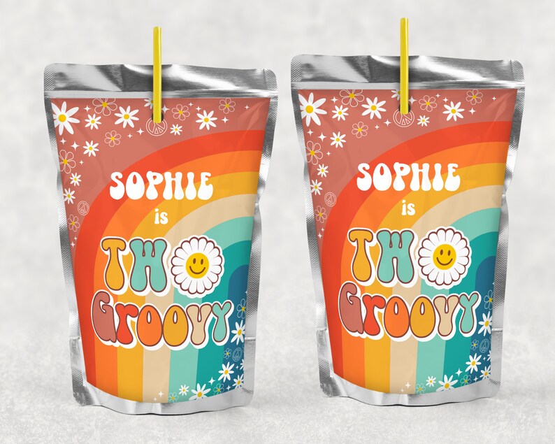 EDITABLE Two Groovy Juice Labels Rainbow Peace Love Party - Etsy