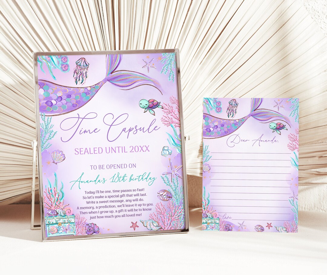 EDITABLE Mermaid Time Capsule and Matching Note Card Purple - Etsy