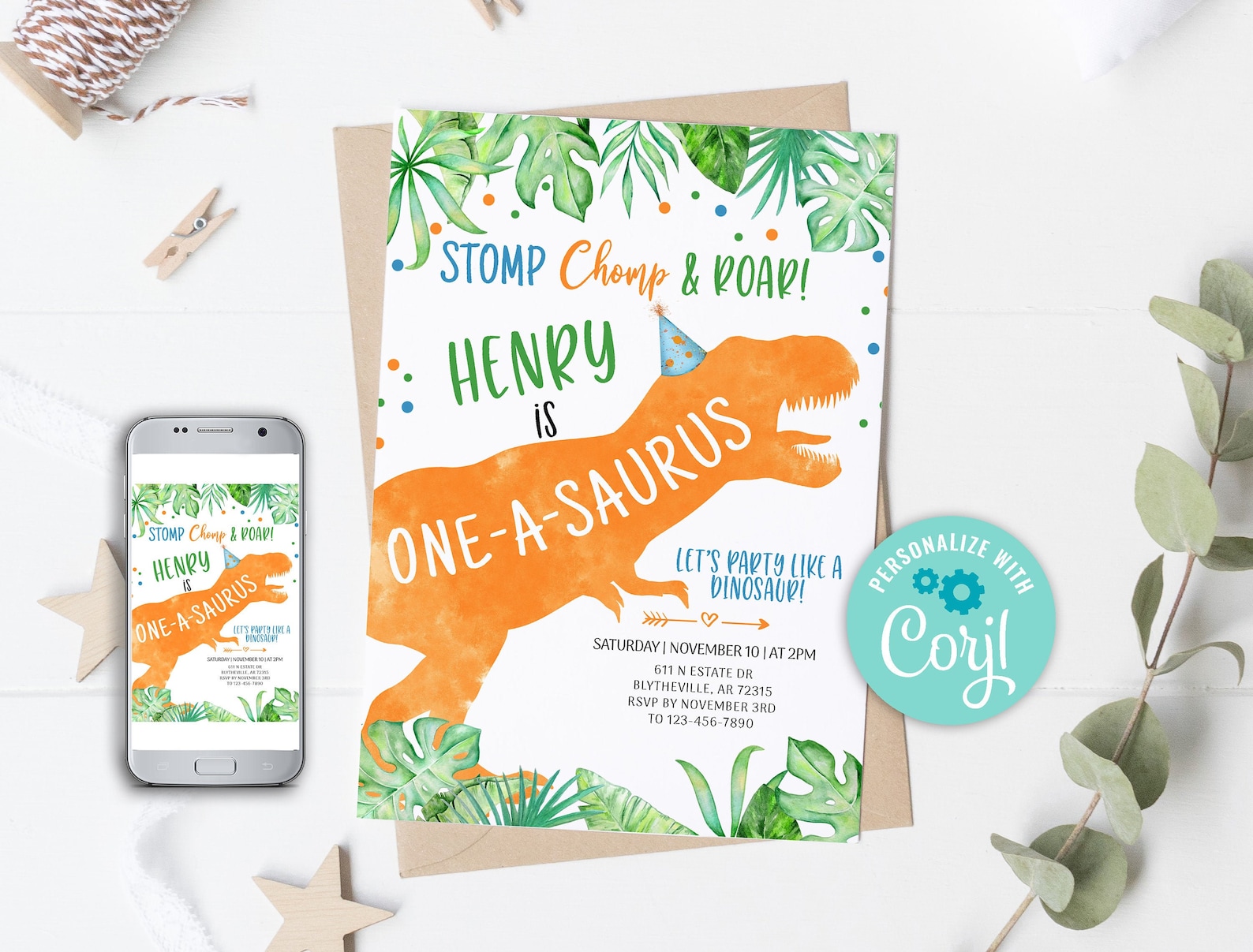 EDITABLE One-a-saurus Dinosaur Birthday Invitation Blue Dino T-rex ...