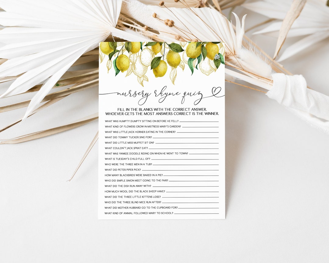 Lemon Nursery Rhyme Baby Shower Game Citrus Nursery Rhyme Quiz Game ...